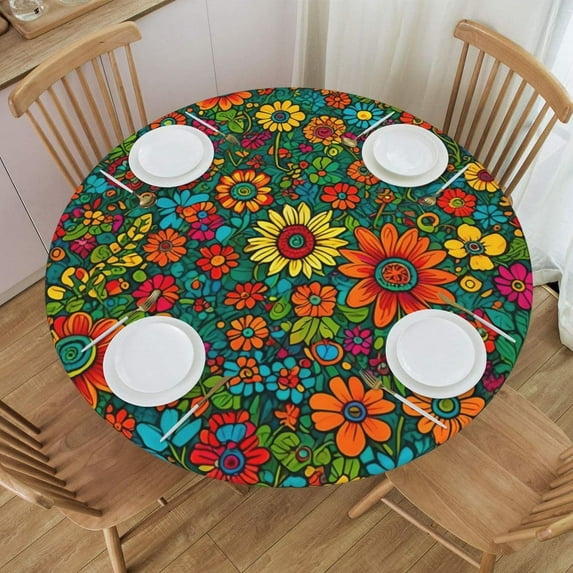 Bohemian Colorful Flower Floral Print Round Tablecloth with Elastic ...