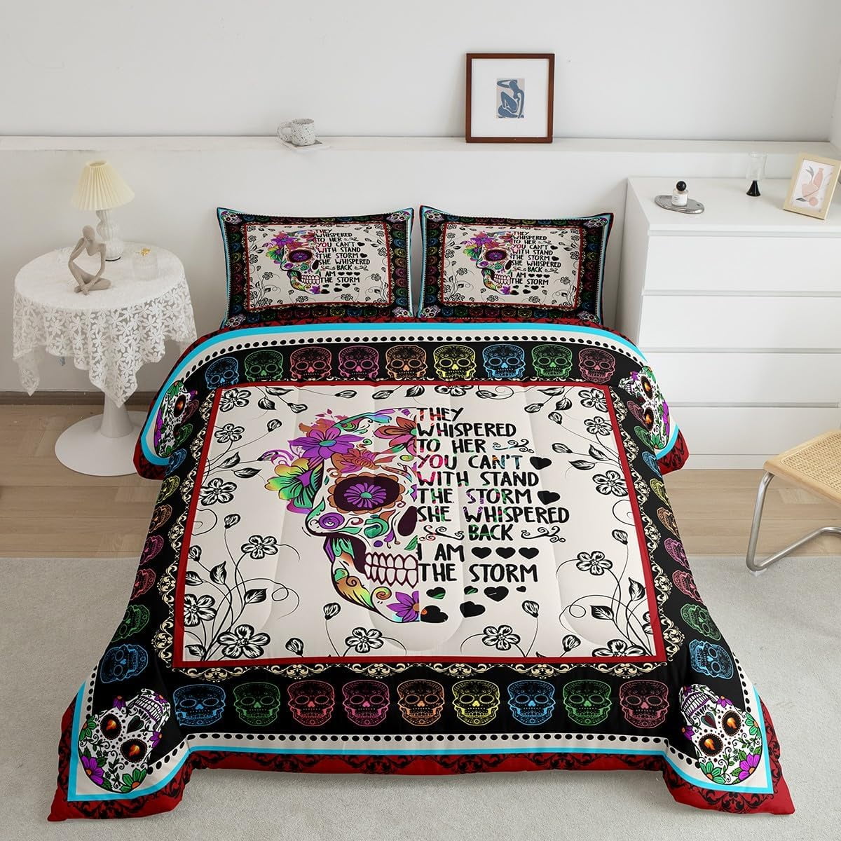 Bohemian Comforter Set Sugar Skull Flower Bedding Sets Skeleton Floral ...