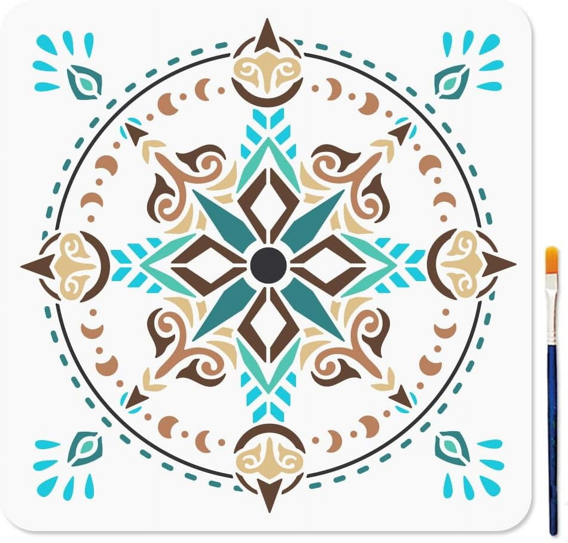 Bohemian Compass Stencil 11.8×11.8inch Vintage Floral Moon Phase ...