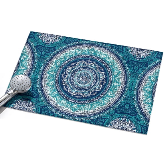 Bohemian Concentric Rings Area Rug, Teal Green Floral Texture Non-Slip ...