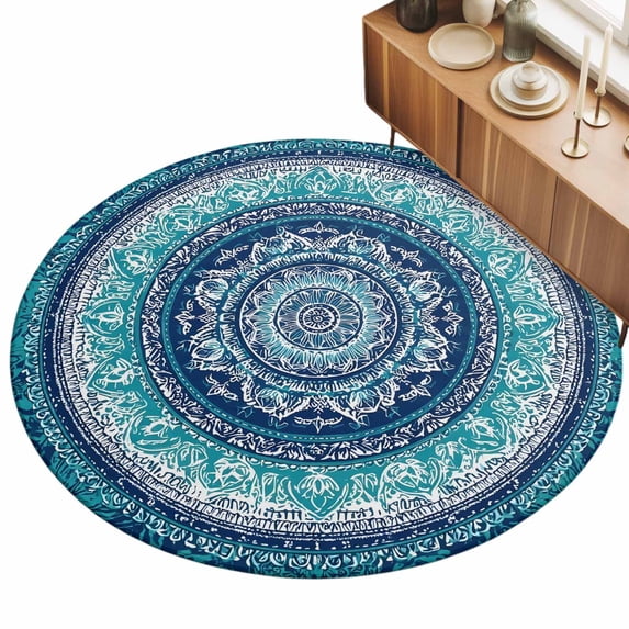 Bohemian Concentric Rings Area Rug, Teal Green Floral Texture Non-Slip ...