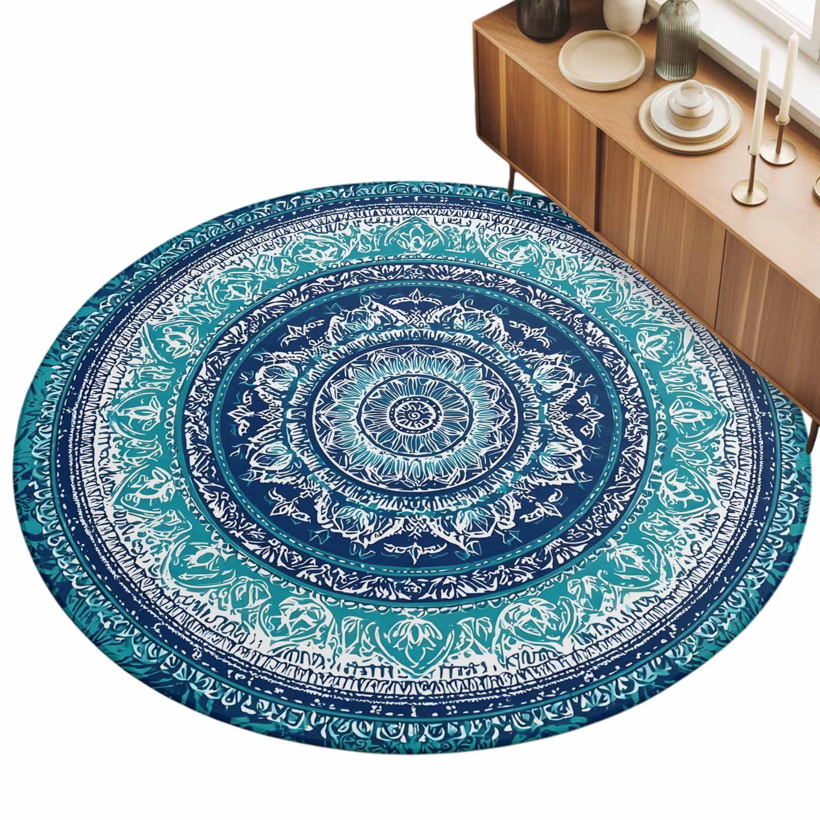 Bohemian Concentric Rings Area Rug, Teal Green Floral Texture Non-Slip ...