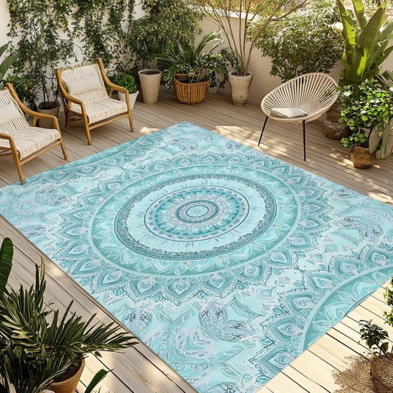 Bohemian Concentric Rings Outdoor Rug, Coastal Aqua Floral Texture Non ...