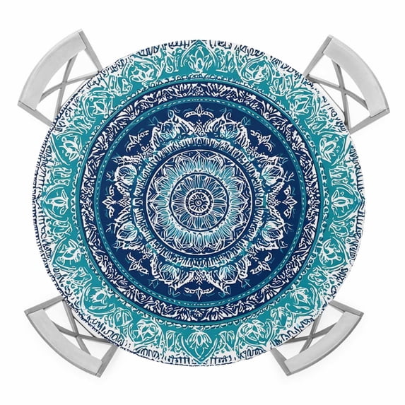 Bohemian Concentric Rings Round Table Cover, Teal Green Floral Texture ...