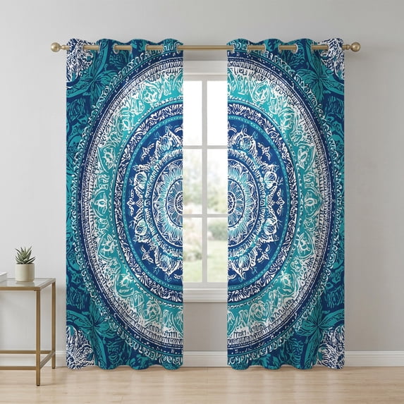 Bohemian Concentric Rings Sheer Curtains 84 Inch Long 2 Panels, Teal ...