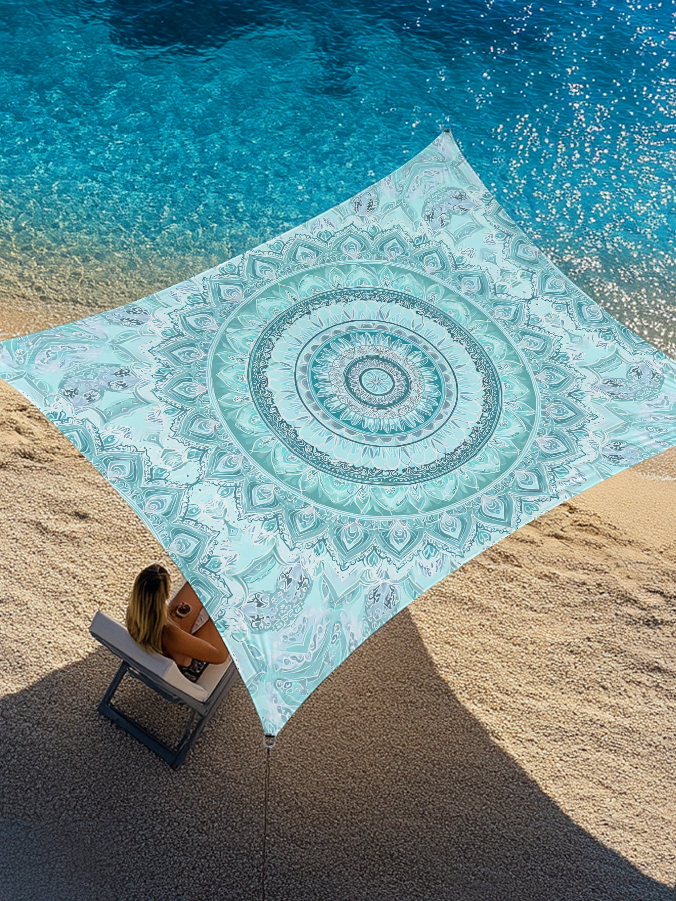 Bohemian Concentric Rings Sun Shade Sail 14' x 18', Coastal Aqua Floral ...