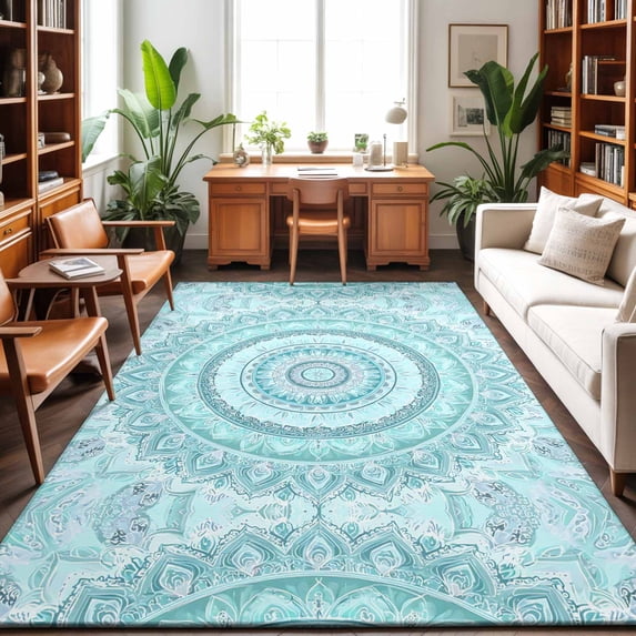 Bohemian Concentric Rings Washable Area Rug 2.7 x 5 ft Coastal Aqua ...