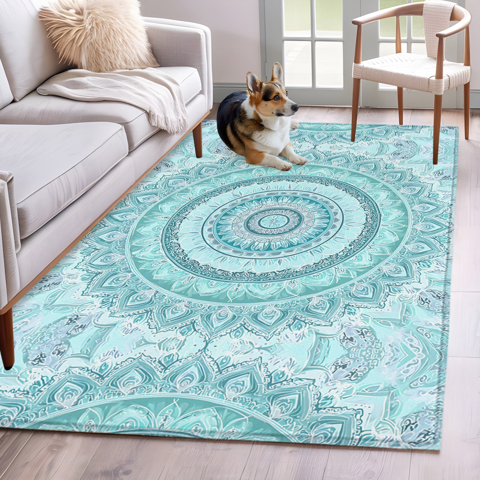 Bohemian Concentric Rings Washable Area Rug 4x6 Coastal Aqua Floral ...