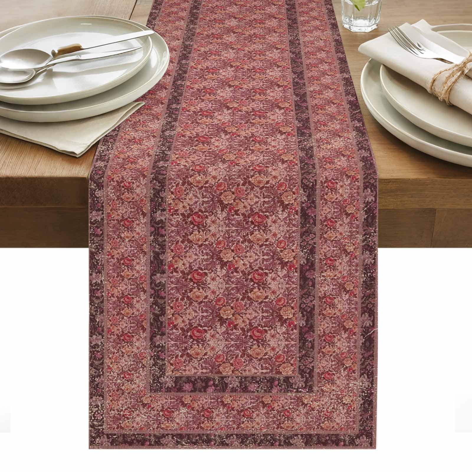 Bohemian Cotton Linen Table Runner Dark Red Vintage Flowers Texture ...