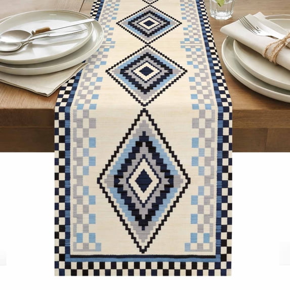 Bohemian Cotton Linen Table Runner Retro Rhombus Tribal Style Blue Boho ...