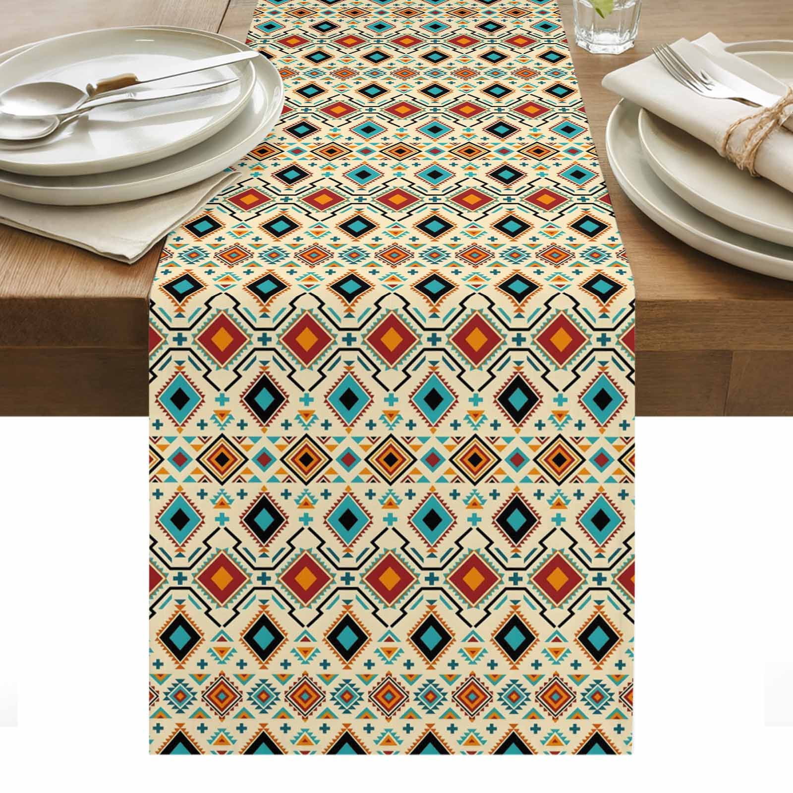 Bohemian Cotton Linen Table Runner Retro Teal and Brown Argyle Aztec ...