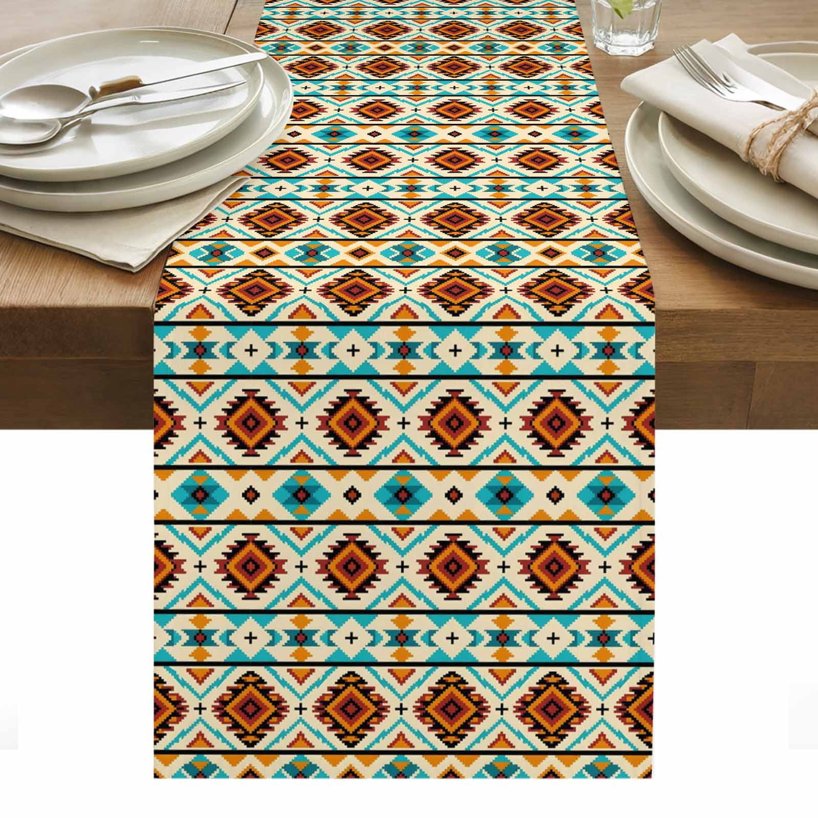 Bohemian Cotton Linen Table Runner Teal and Brown Southwestern Aztec ...