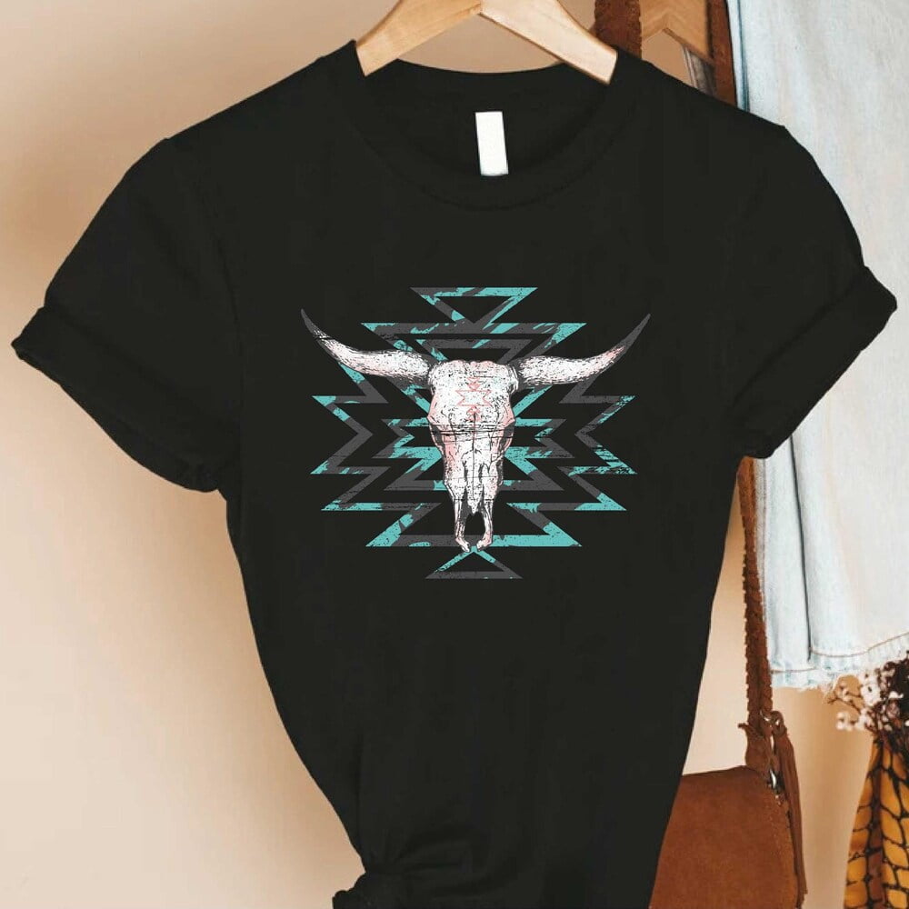 Bohemian Cow Skull T-Shirt, Aztec Print Shirt, Boho Western Shirt ...
