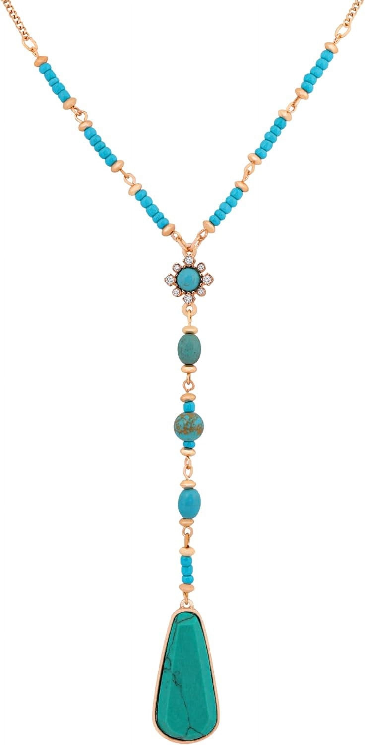 Bohemian Created Turquoise Beaded Y-Necklace, Multi-Size Beads, Drop ...