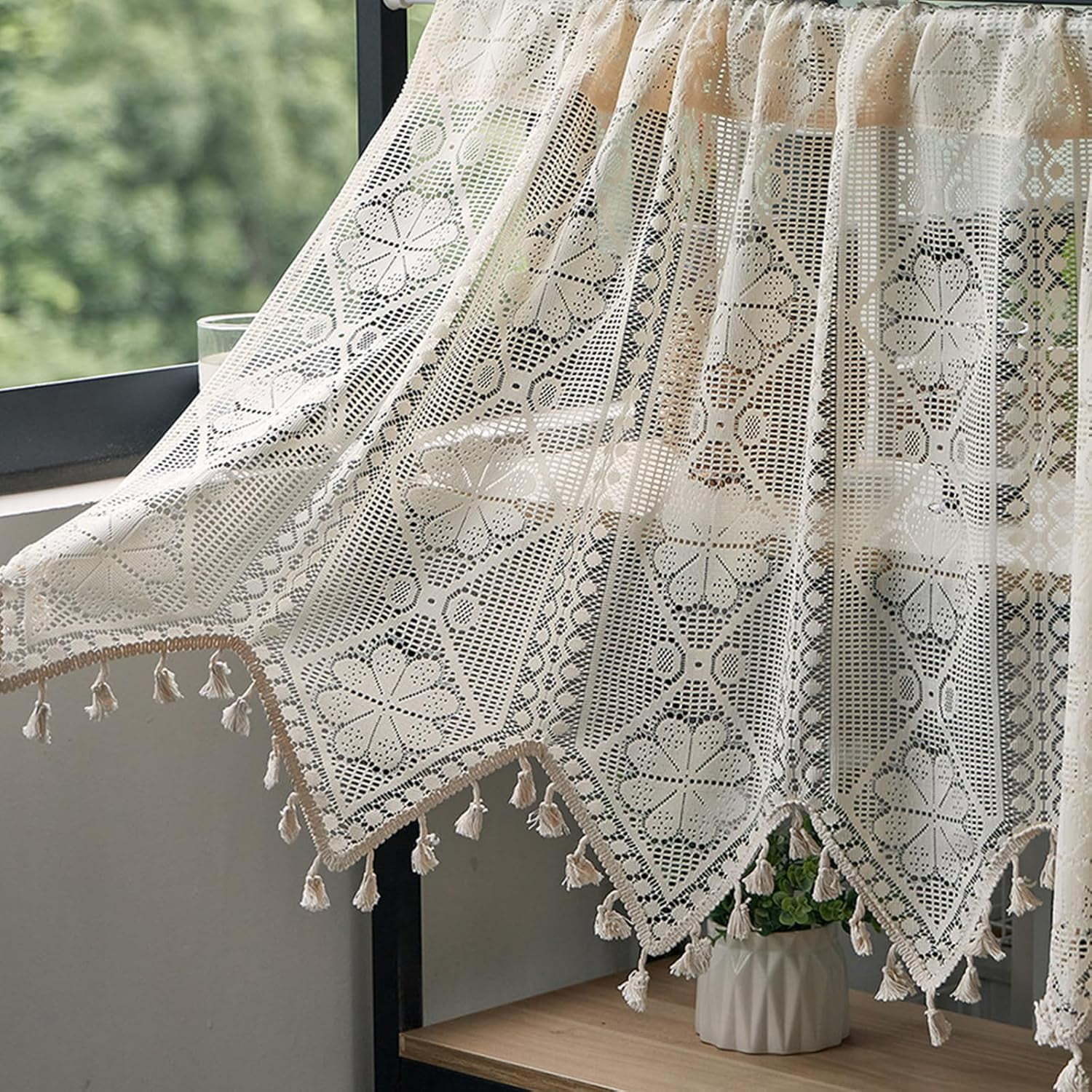 Bohemian Crochet Curtain,Vintage Rod Pocket Valance with Tassels ...