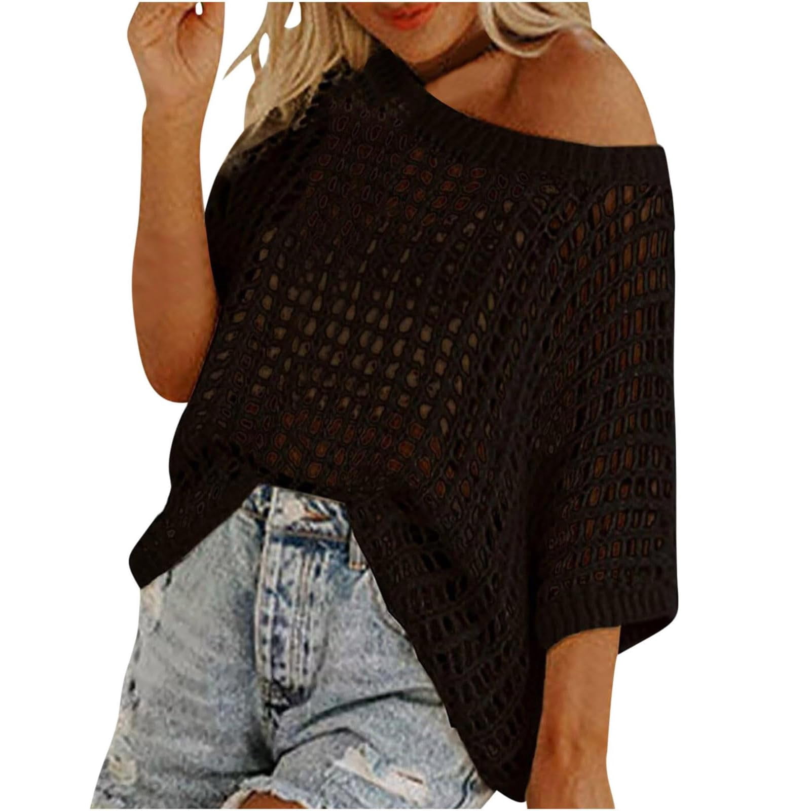 Bohemian Crochet Tops for Women Short Sleeve Crochet Sweater ...