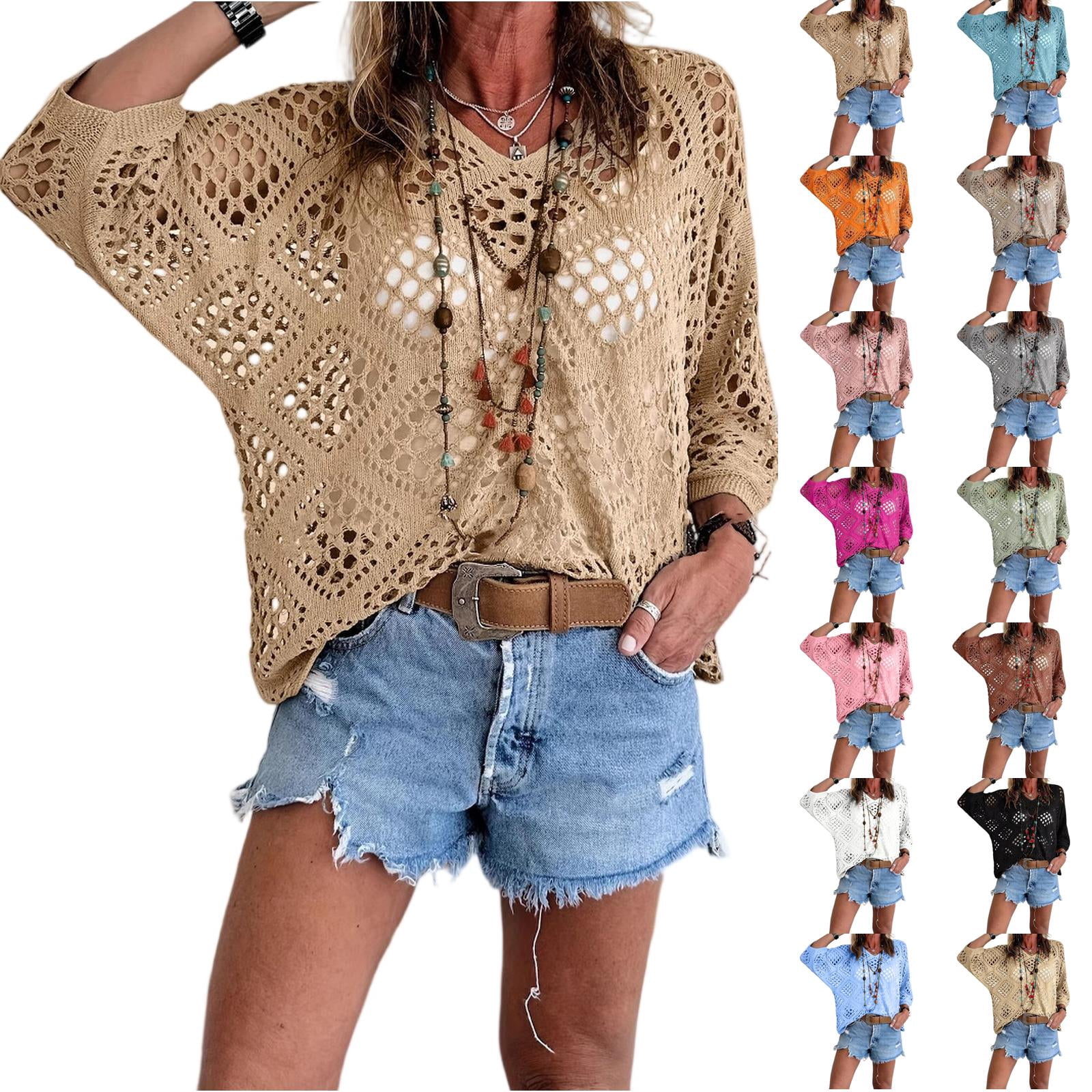 Bohemian Crochet Tops for Women Solid Color Top with V-Neck Knit Boho ...