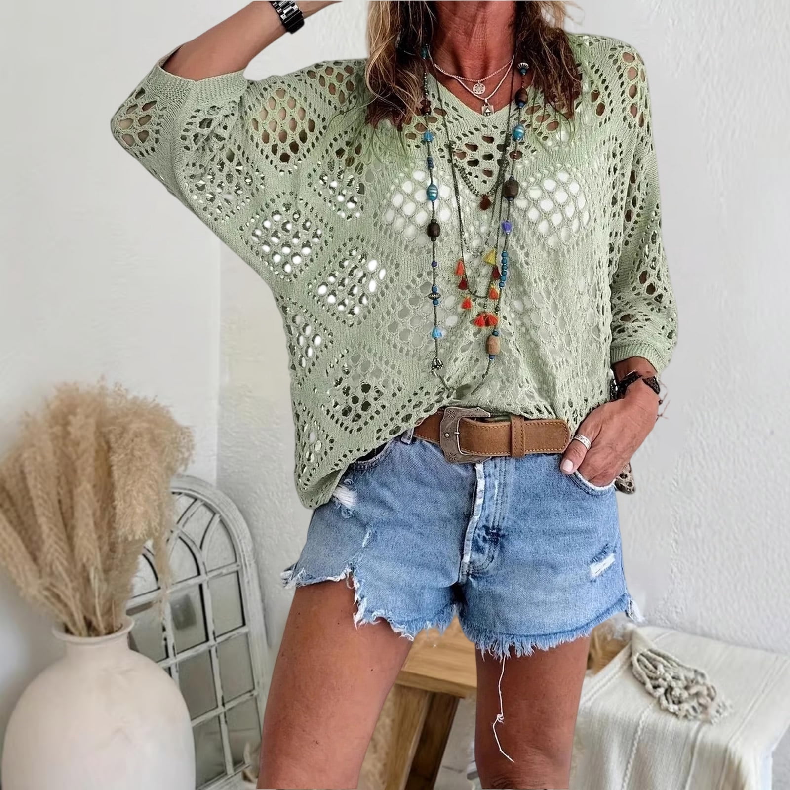 Bohemian Crochet Tops for Women V Neck Diamond-shaped Hollow Out ...