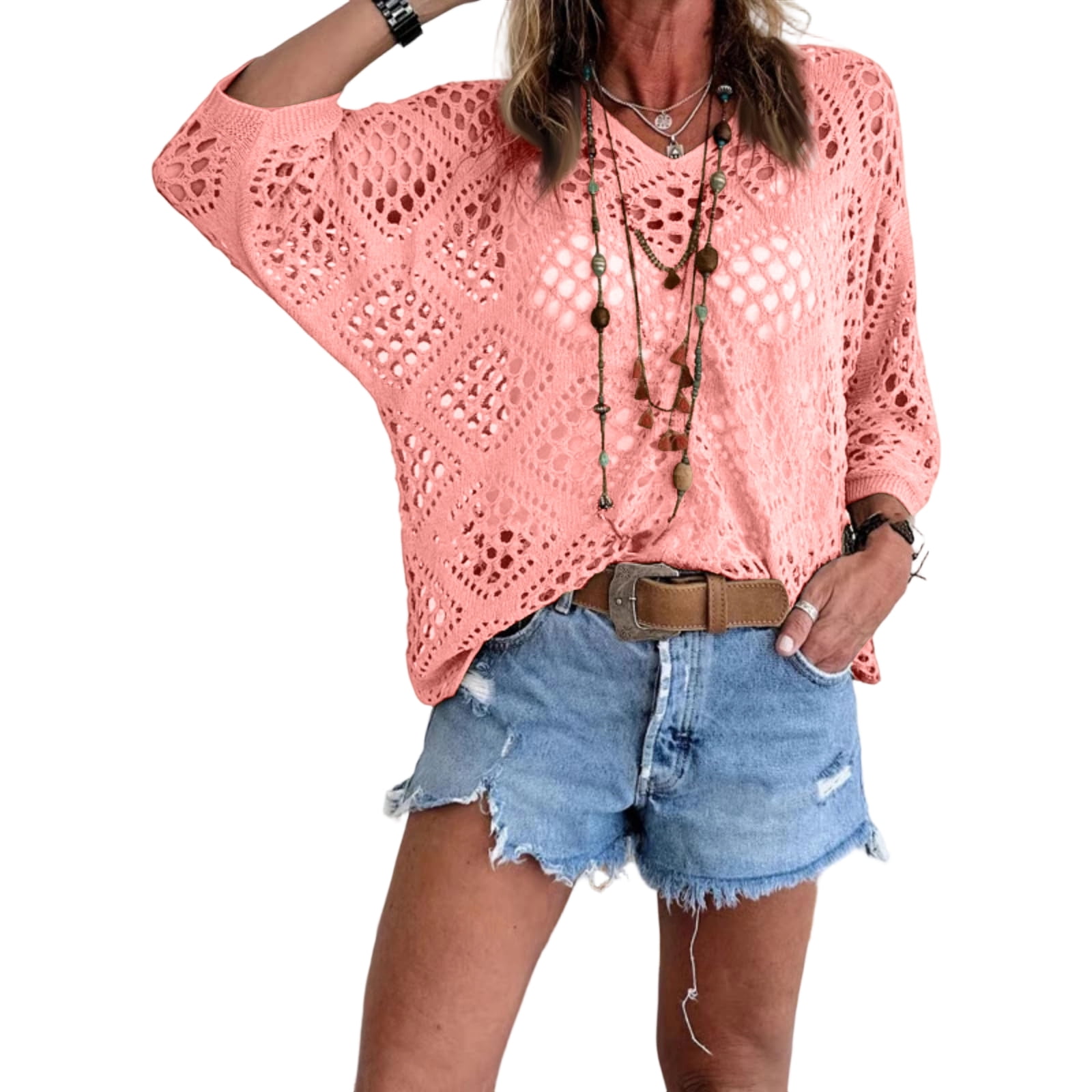 Bohemian Crochet Tops for Women V Neck, Hollow Out 3/4 Sleeve Crochet ...