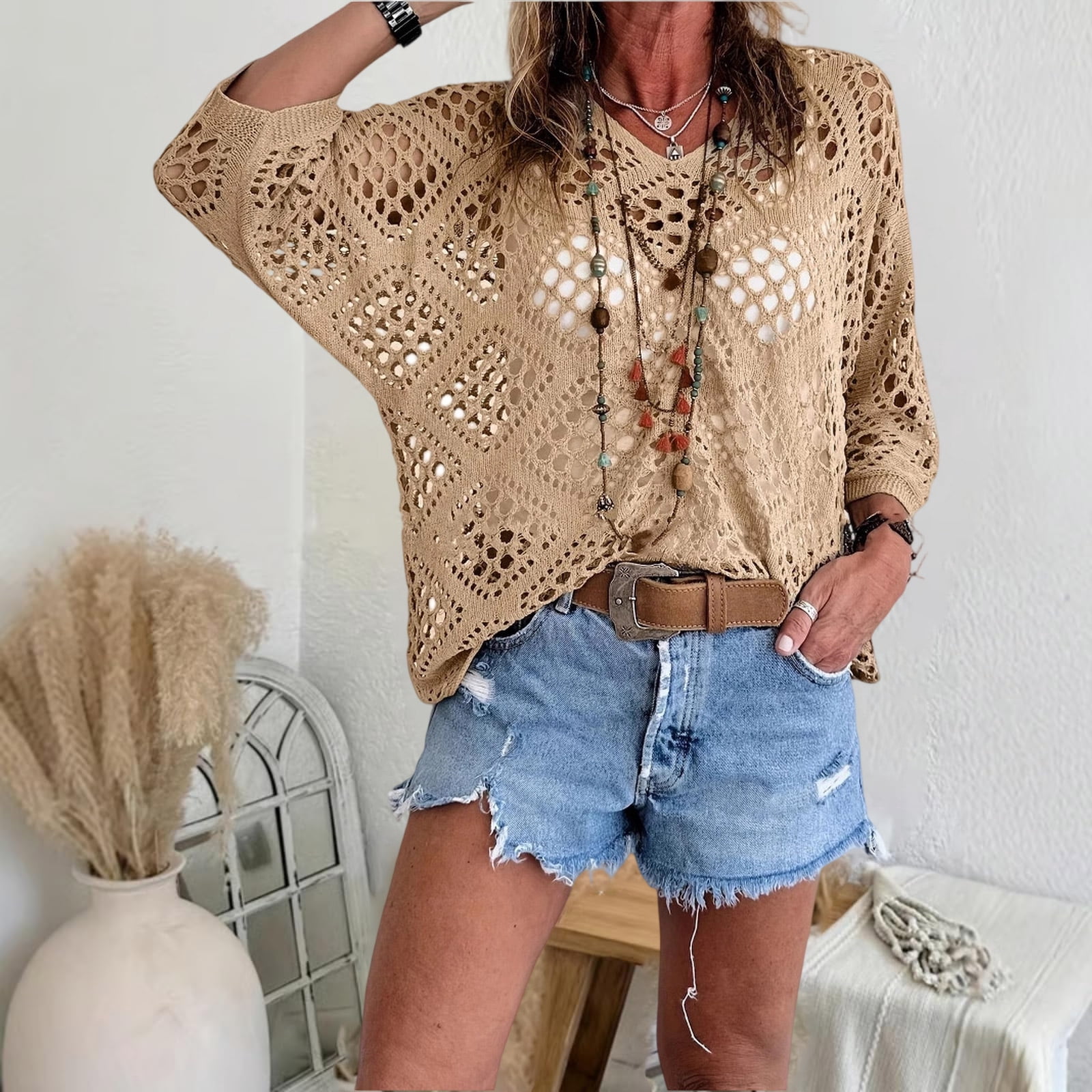 Bohemian Crochet Tops for Women V Neck, Hollow Out Long Sleeve Crochet ...