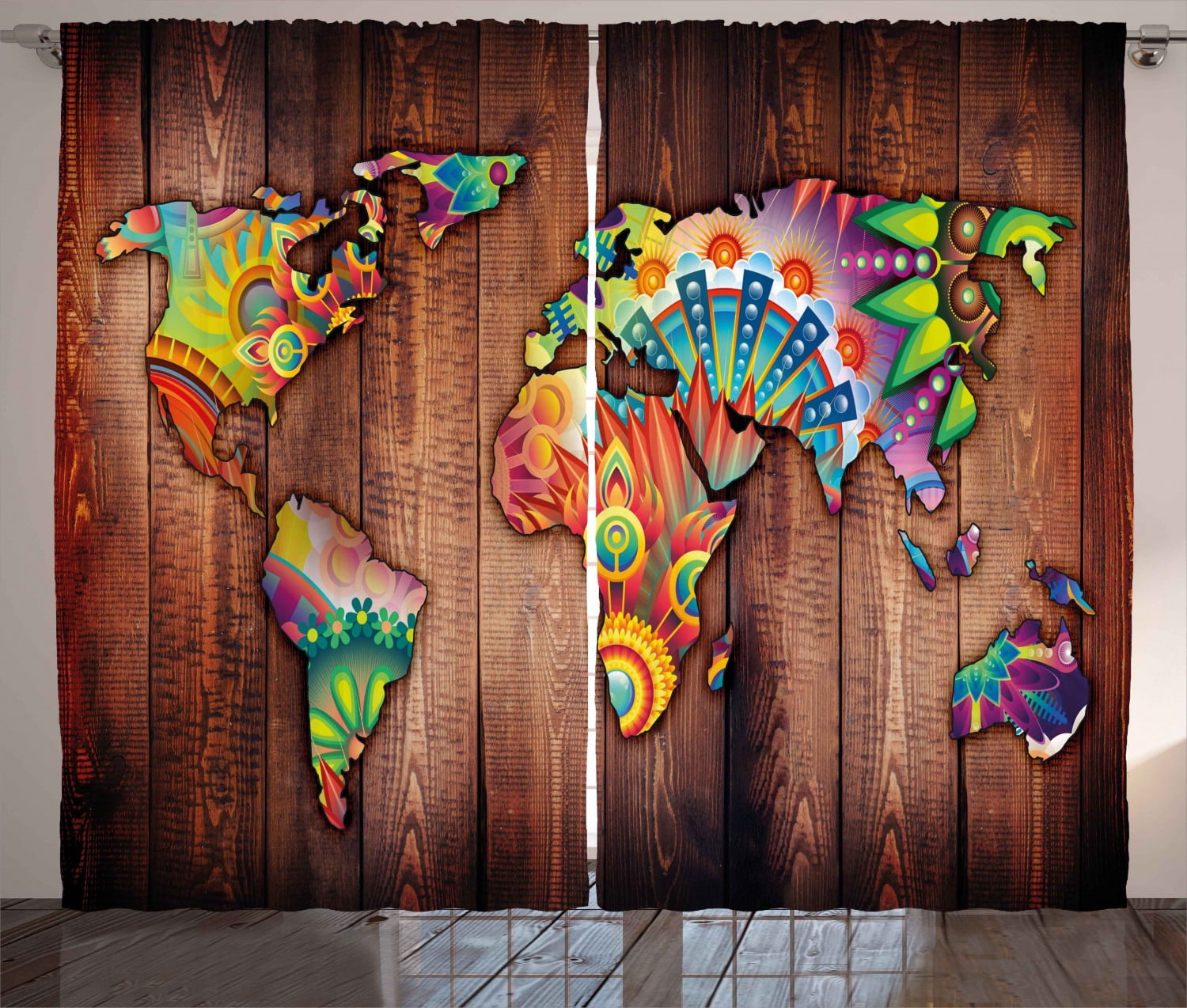 Bohemian Curtains 2 Panels Set, World Map on Wooden Rustic Planks ...