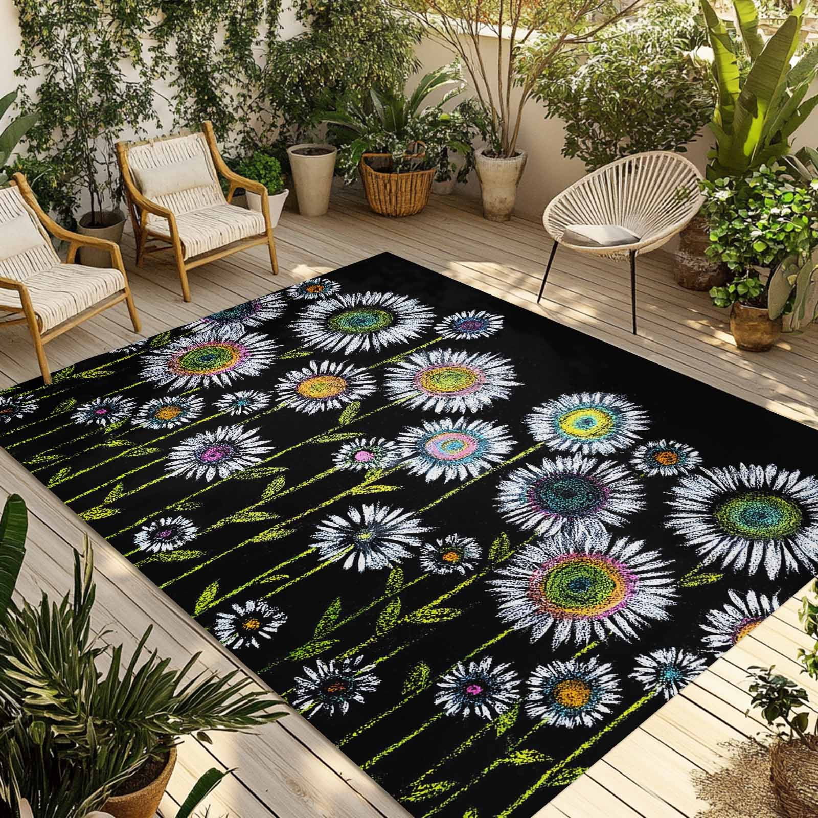 Bohemian Daisy Outdoor Rug 5x7 ft Pastoral Abstract Night Pink Blue ...