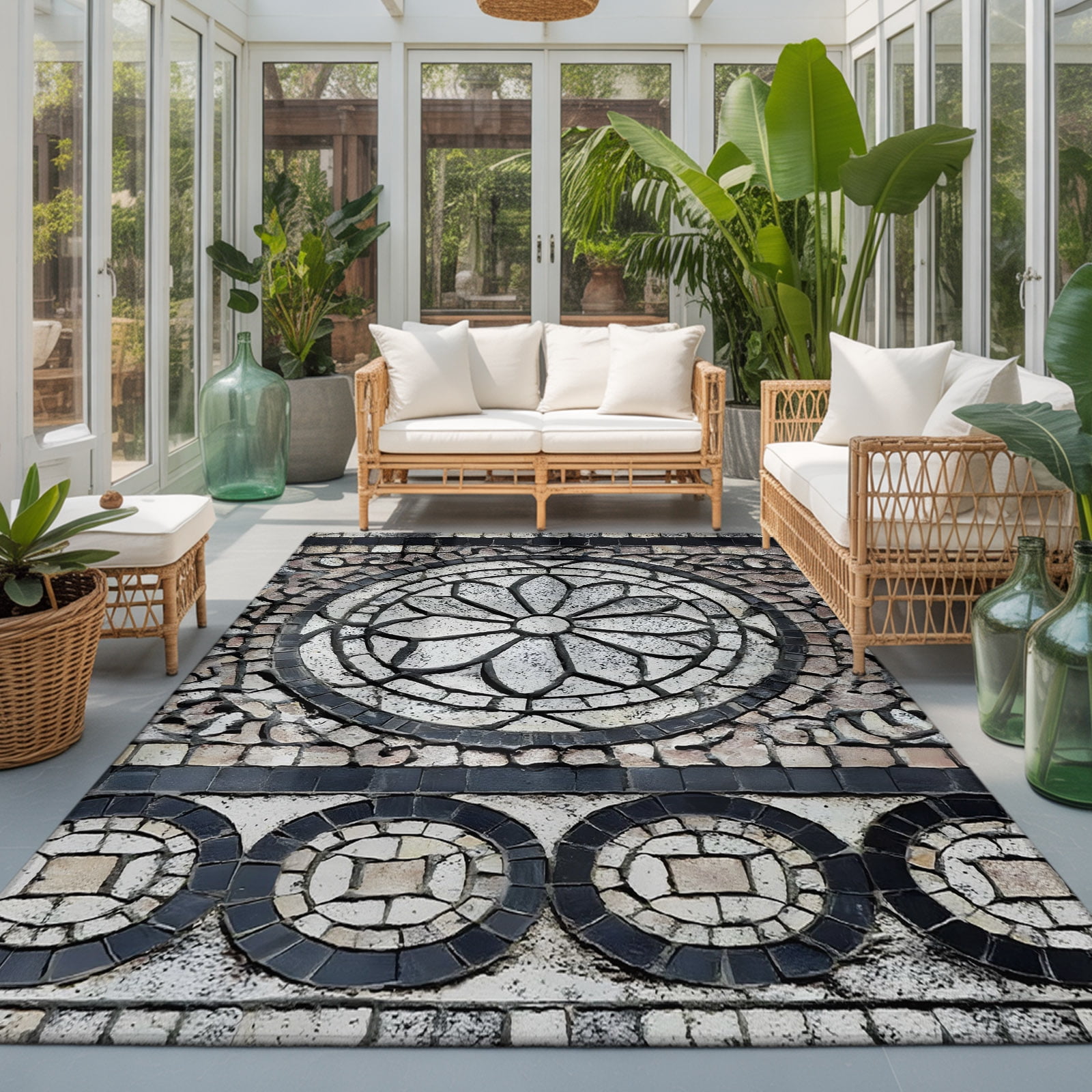 Bohemian Daisy Washable Area Rugs 4'x6', Mosaic Flower Classic ...
