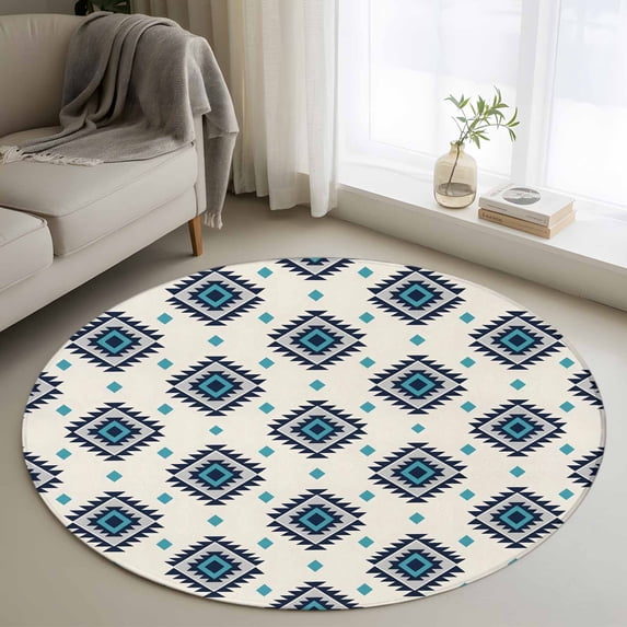 Bohemian Diamond Pattern 3FT Round Area Rugs Boho Tribal Farmhouse Teal ...