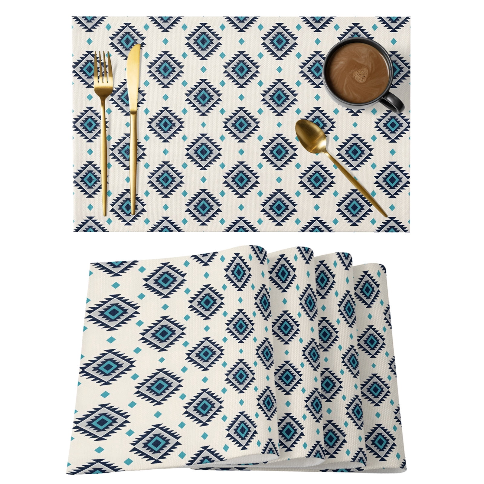 Bohemian Diamond Pattern Cotton Linen Placemats Set of 8, Boho Tribal ...