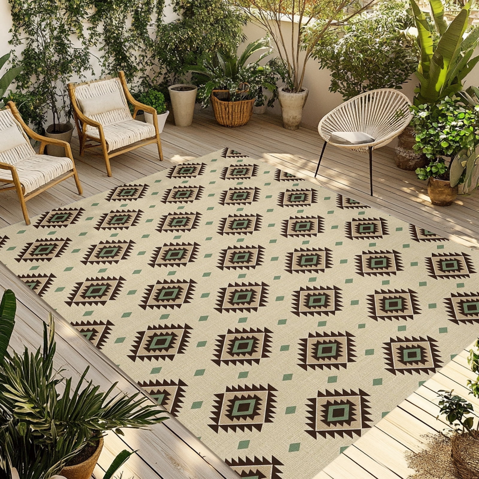 Bohemian Diamond Pattern Outdoor Rug, Boho Tribal Farmhouse Beige ...