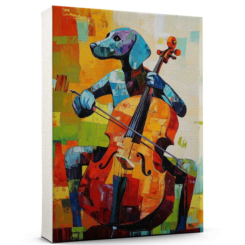 Bohemian Dog Playing Cello Stretched Canvas Size 8x12 – Vintage Style ...