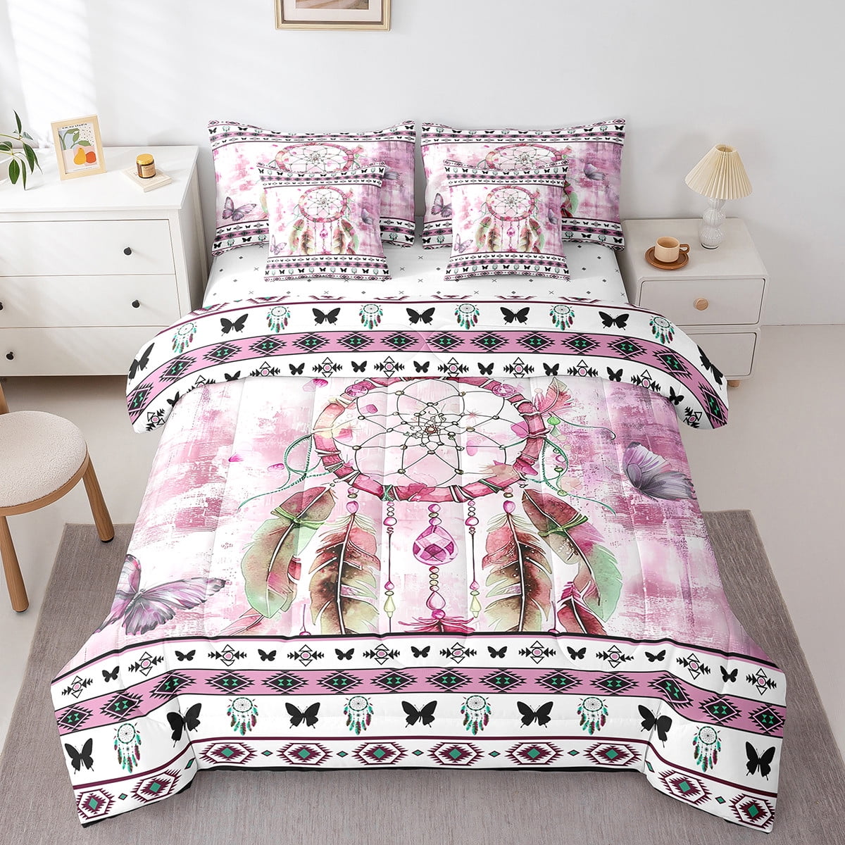 Bohemian Dream Catcher Bed in a Bag 7-Piece Women Ombre Pink Bedding Set,Boho Gradient Aztec ...