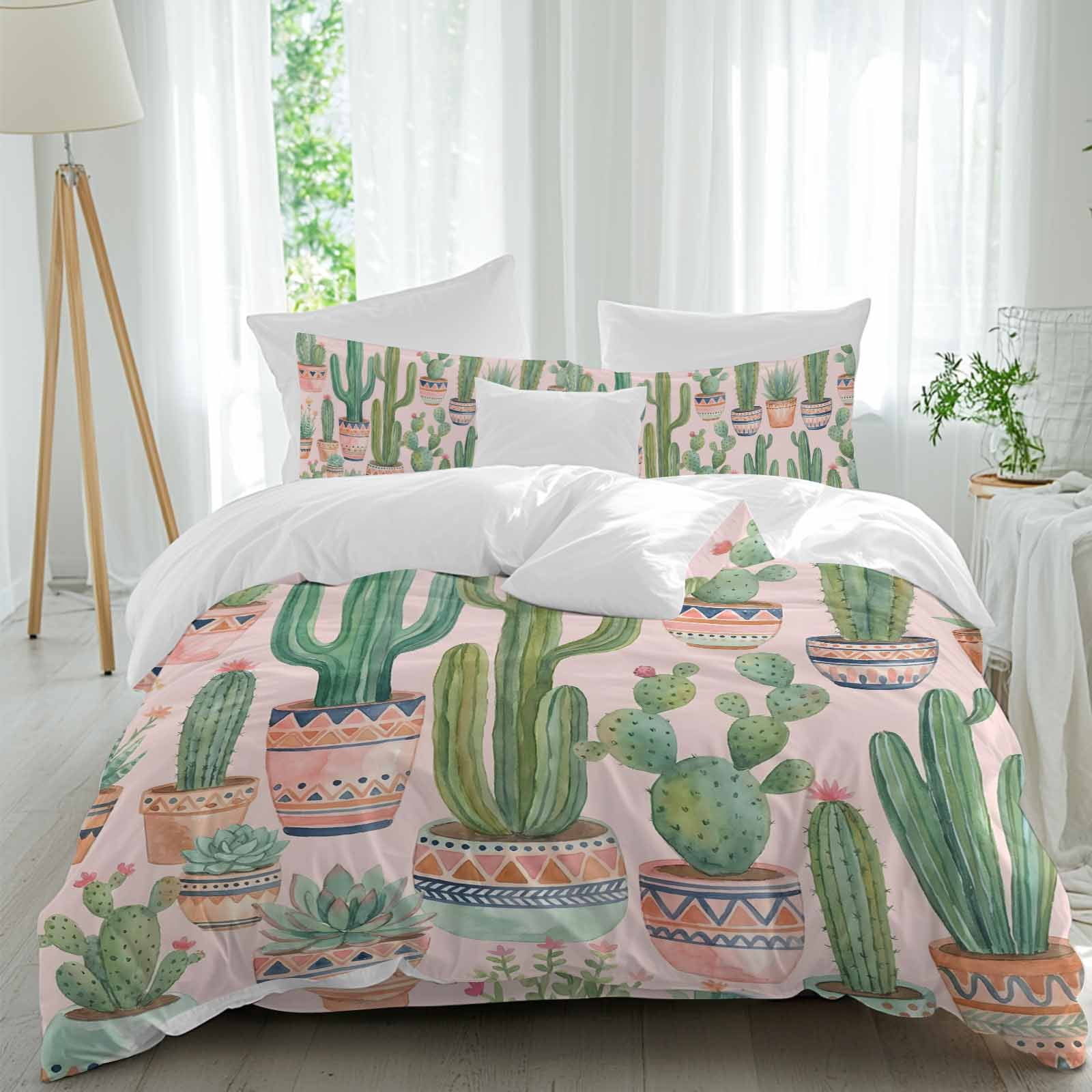 Bohemian Duvet Cover Set Queen Size, Green Cacti Pots Succulents Plants ...