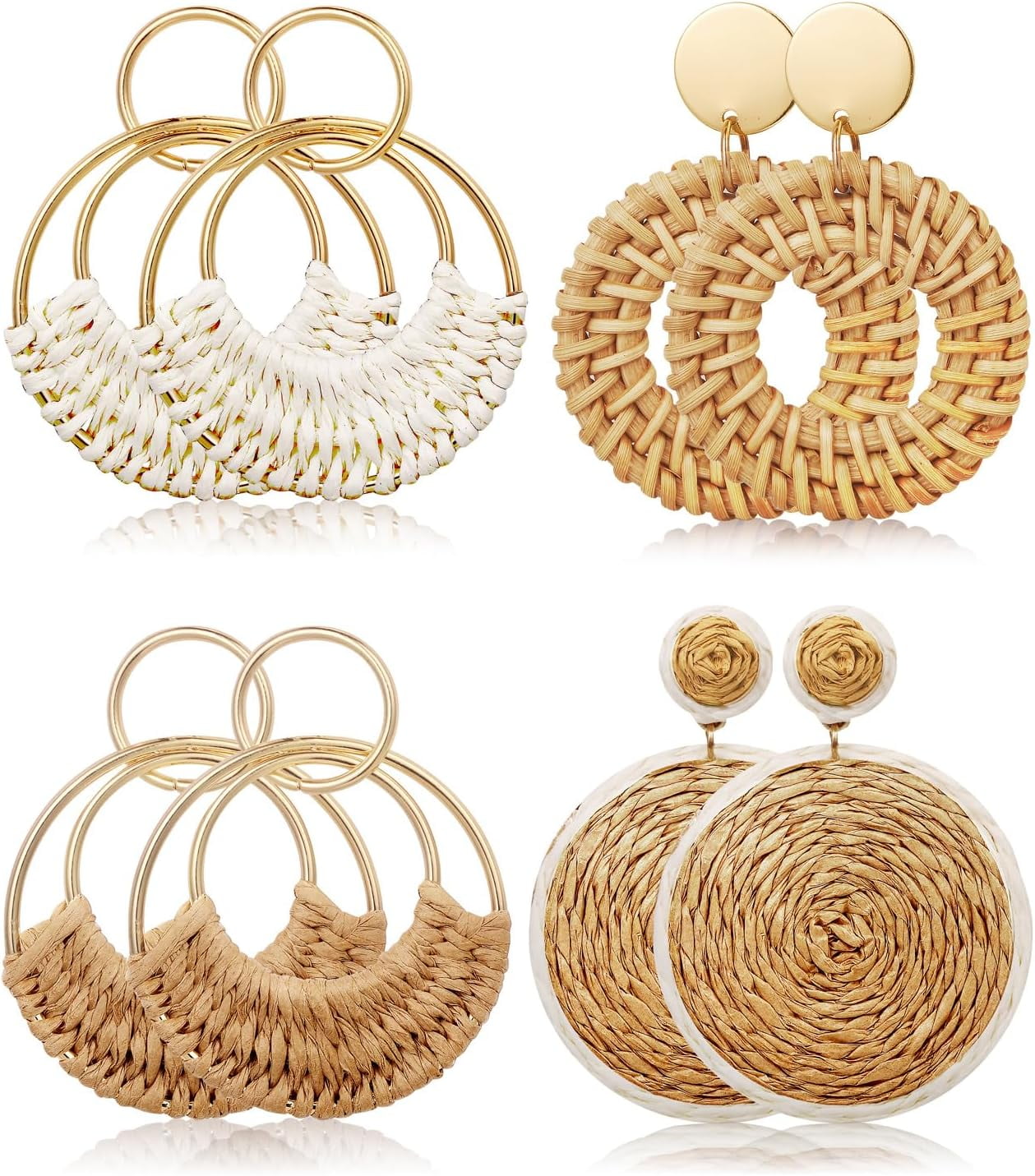 Bohemian Earrings 4-Piece Set - Artisan Raffia/Rattan Blend | Trendy ...