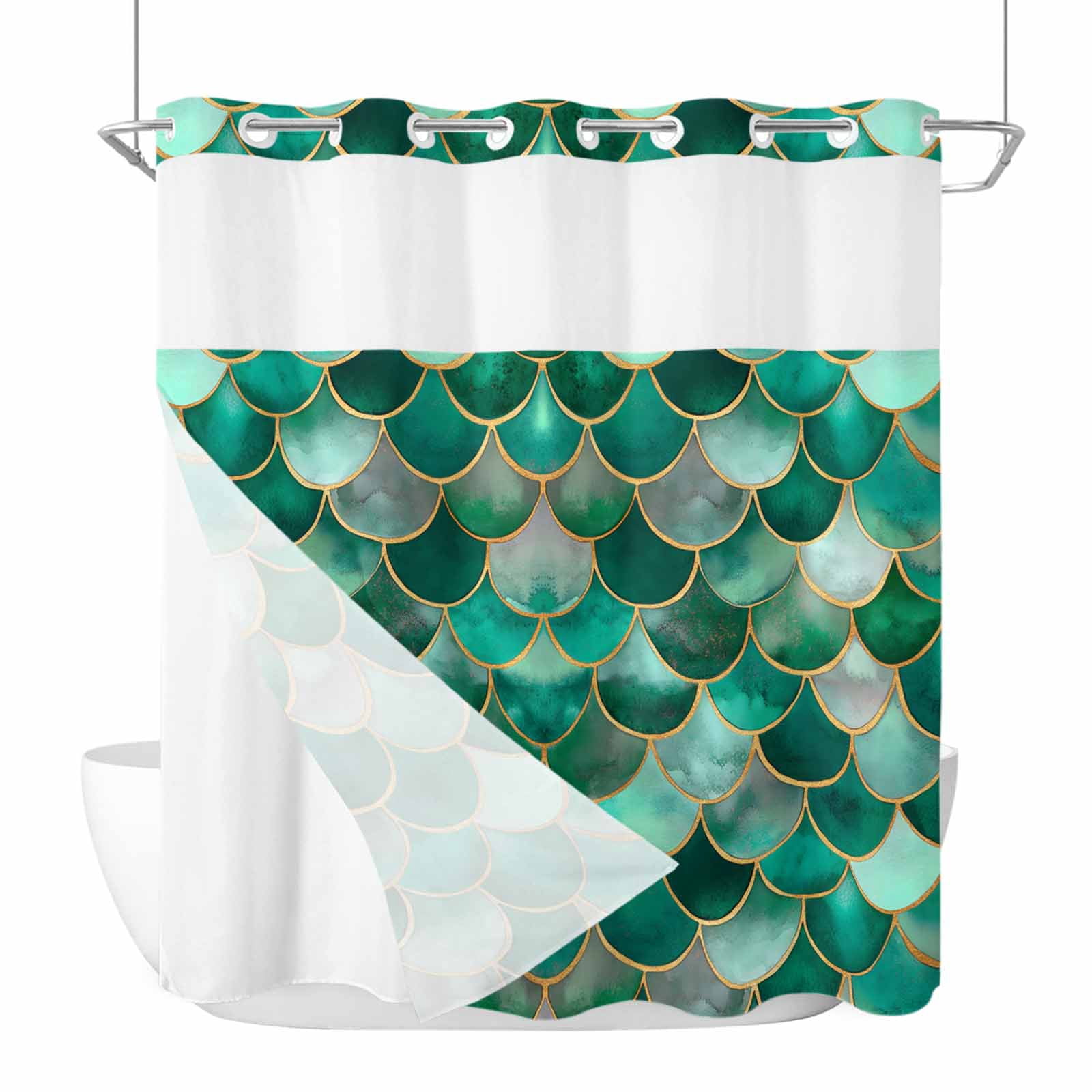 Bohemian Emerald Green Fish Scales No Hook Shower Curtain with Snap in ...
