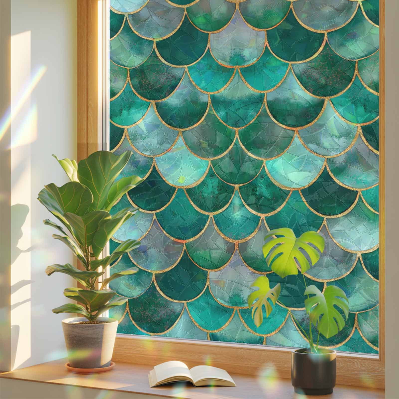 Bohemian Emerald Green Fish Scales Window Privacy Film, Rainbow Film ...