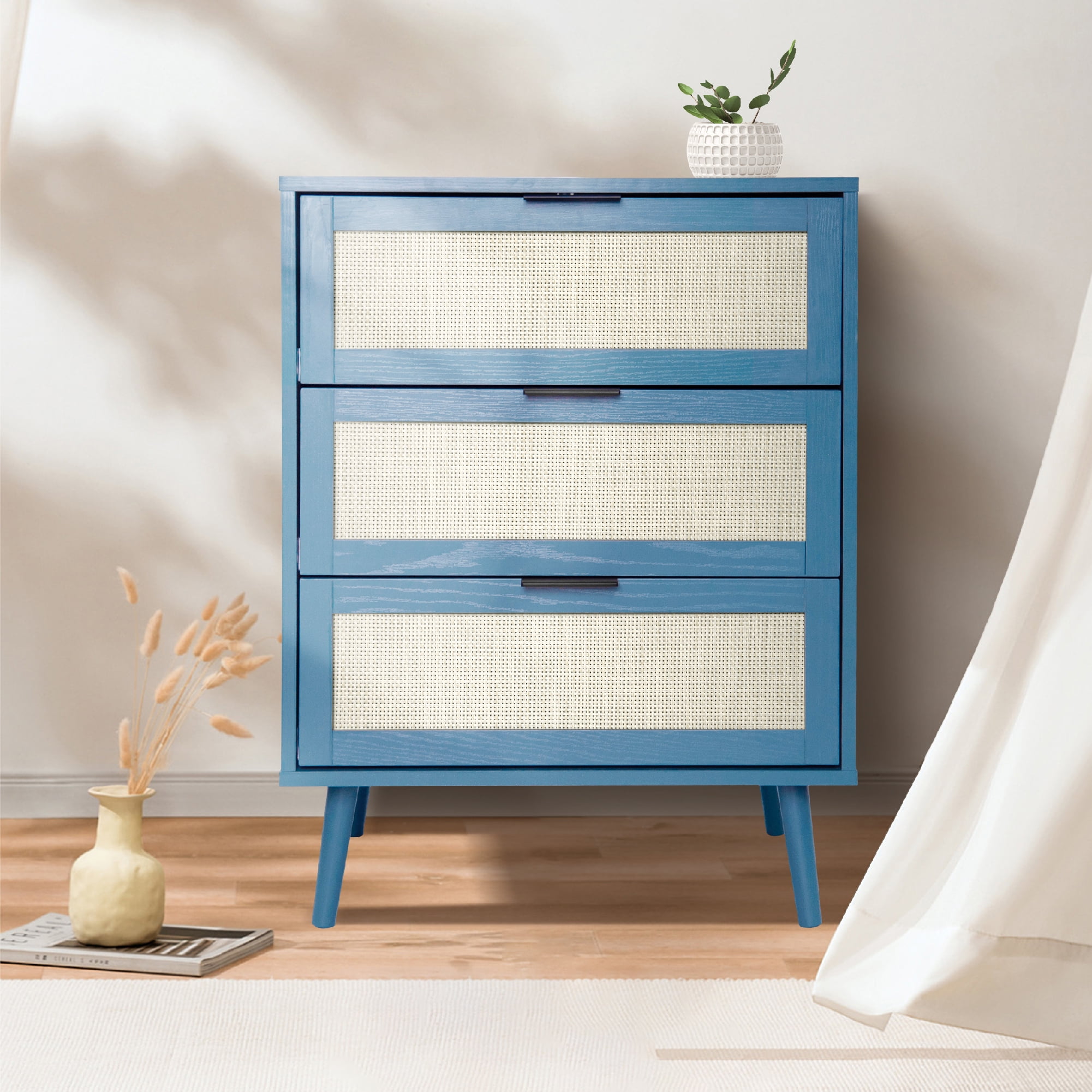 Bohemian End Table 3 Drawers Chest 4 Tapered Solid Wood Legs Rattan ...