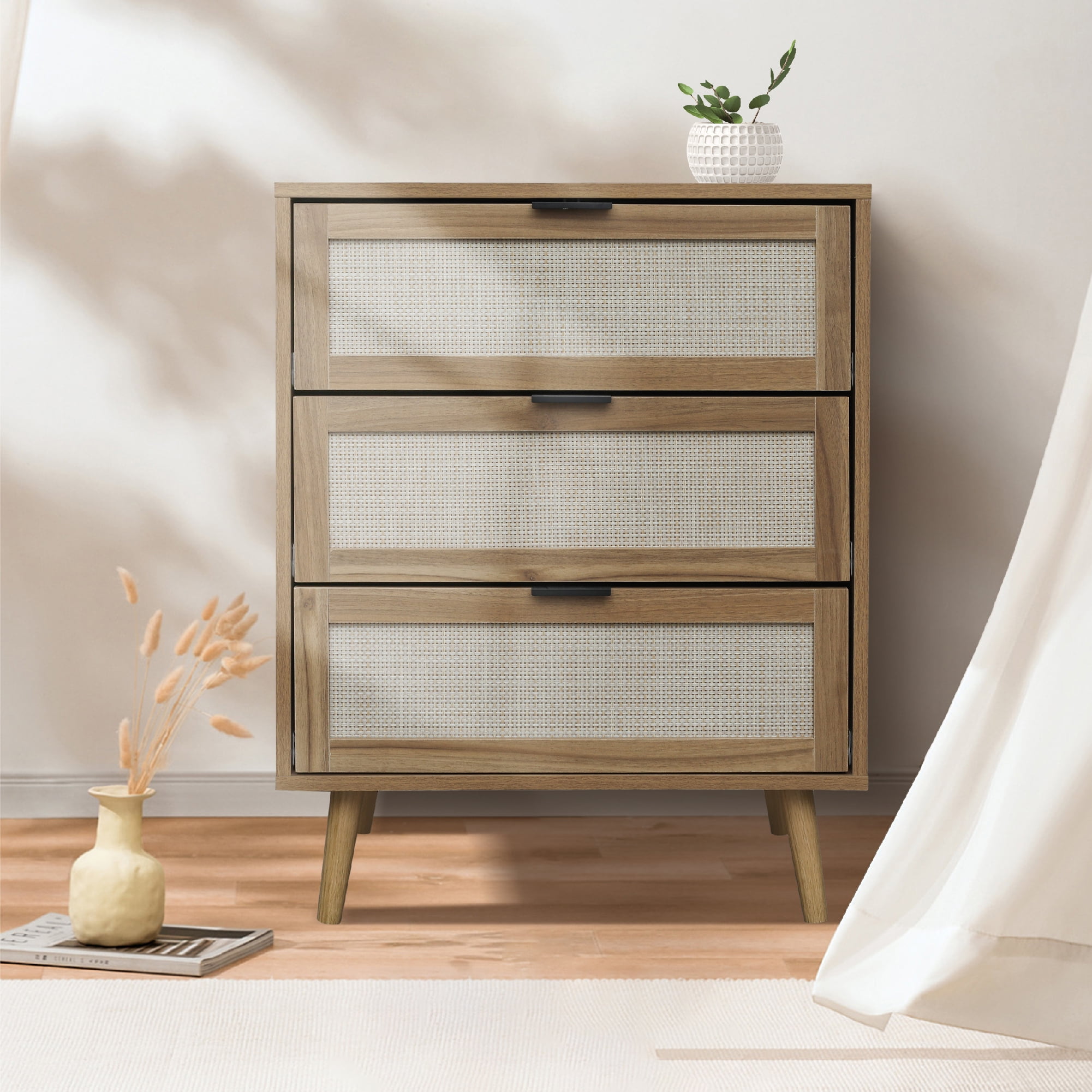 Bohemian End Table 3 Drawers Chest 4 Tapered Solid Wood Legs Rattan ...