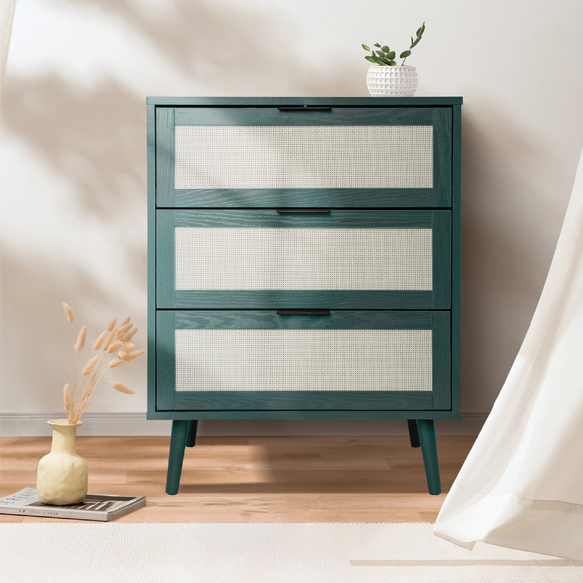 Bohemian End Table 3 Drawers Chest 4 Tapered Solid Wood Legs Rattan ...