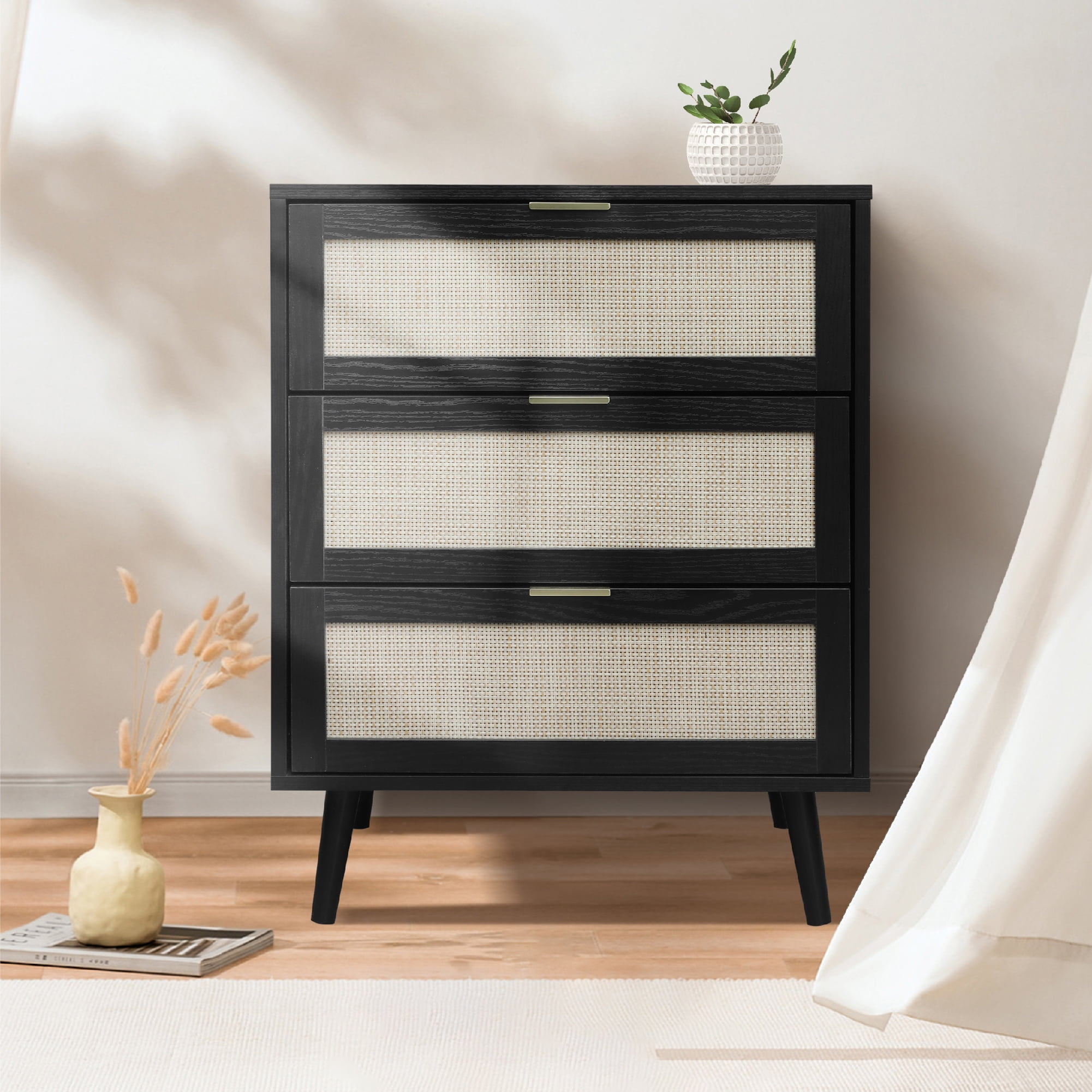 Bohemian End Table 3 Drawers Chest 4 Tapered Solid Wood Legs Rattan ...