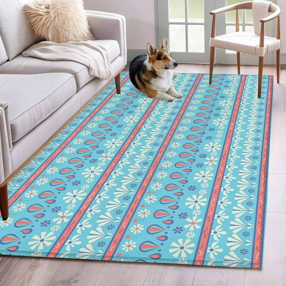 Bohemian Ethnic Area Rugs 3x5 ft Red Blue Floral Lines Linen Texture ...