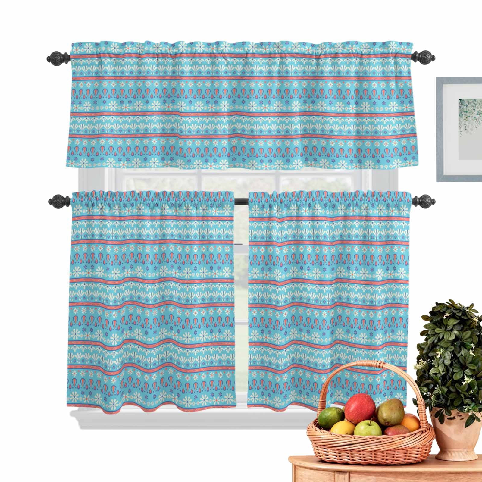 Bohemian Ethnic Kitchen Curtains Valances 3 Piece Set, Red Blue Floral ...