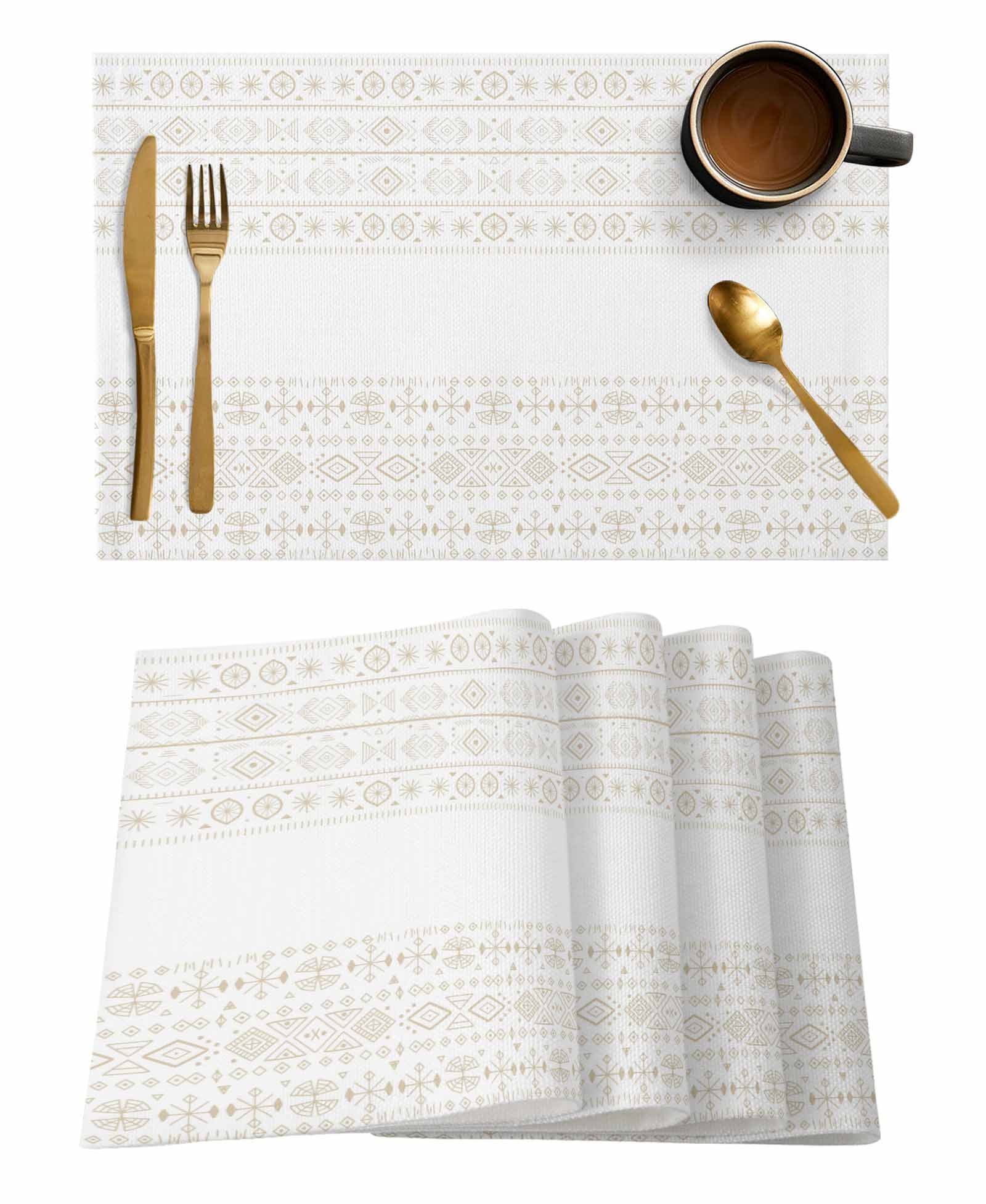 Bohemian Ethnic Placemats Set of 8 Brown Lines Linen Texture Heat ...