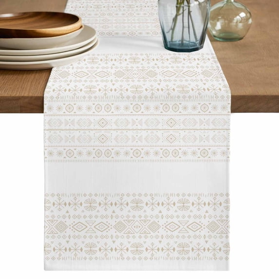 Bohemian Ethnic Table Runner, Brown Lines Linen Texture Cotton Linen ...