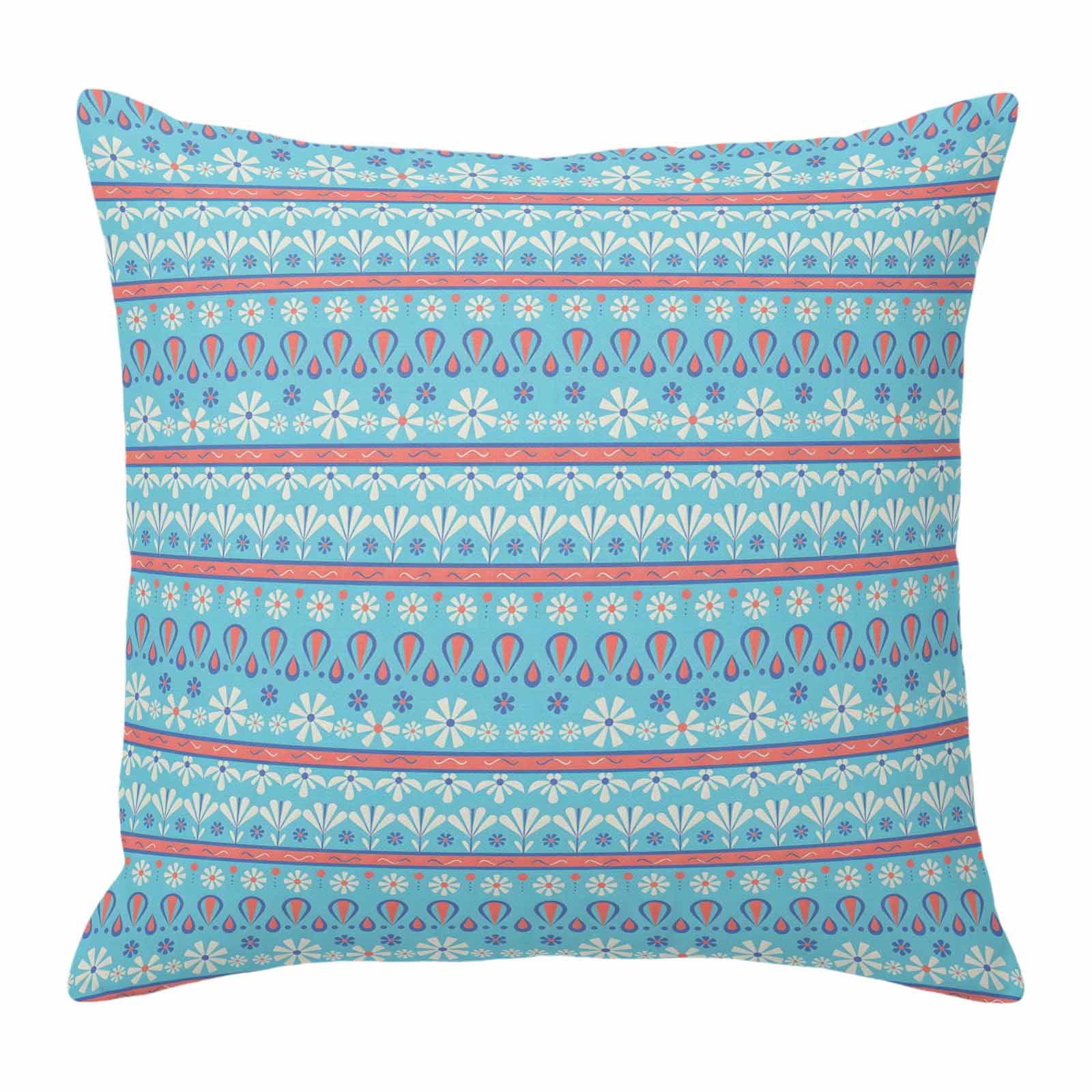 Bohemian Ethnic Throw Pillow Cover Red Blue Floral Lines Linen Texture ...
