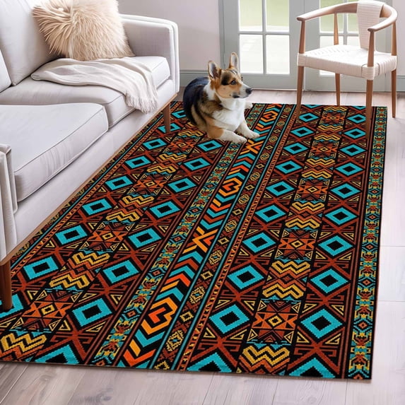 Bohemian Ethnic Washable Area Rug 4x6 Grid Southwestern Stripes ...