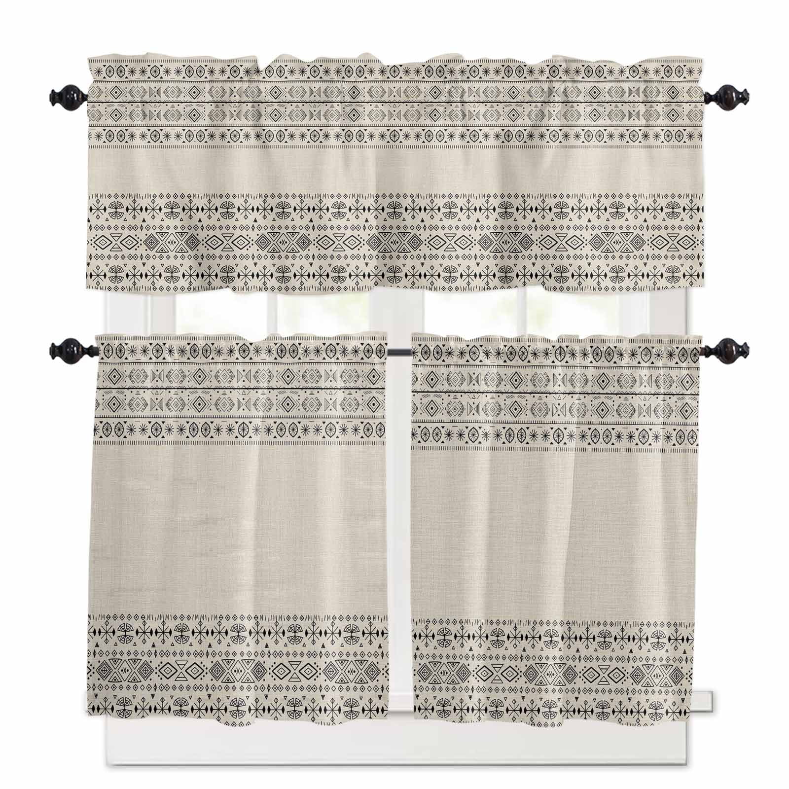 Bohemian Ethnic Window Curtains Valance Set of 3 Brown Black Lines ...