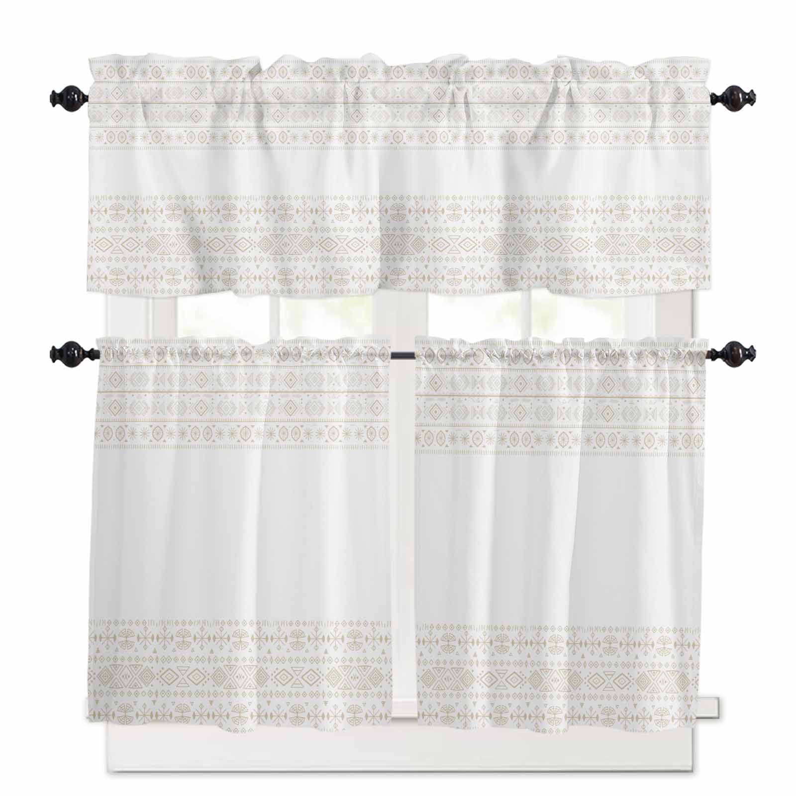 Bohemian Ethnic Window Curtains Valance Set of 3 Brown Lines Linen ...