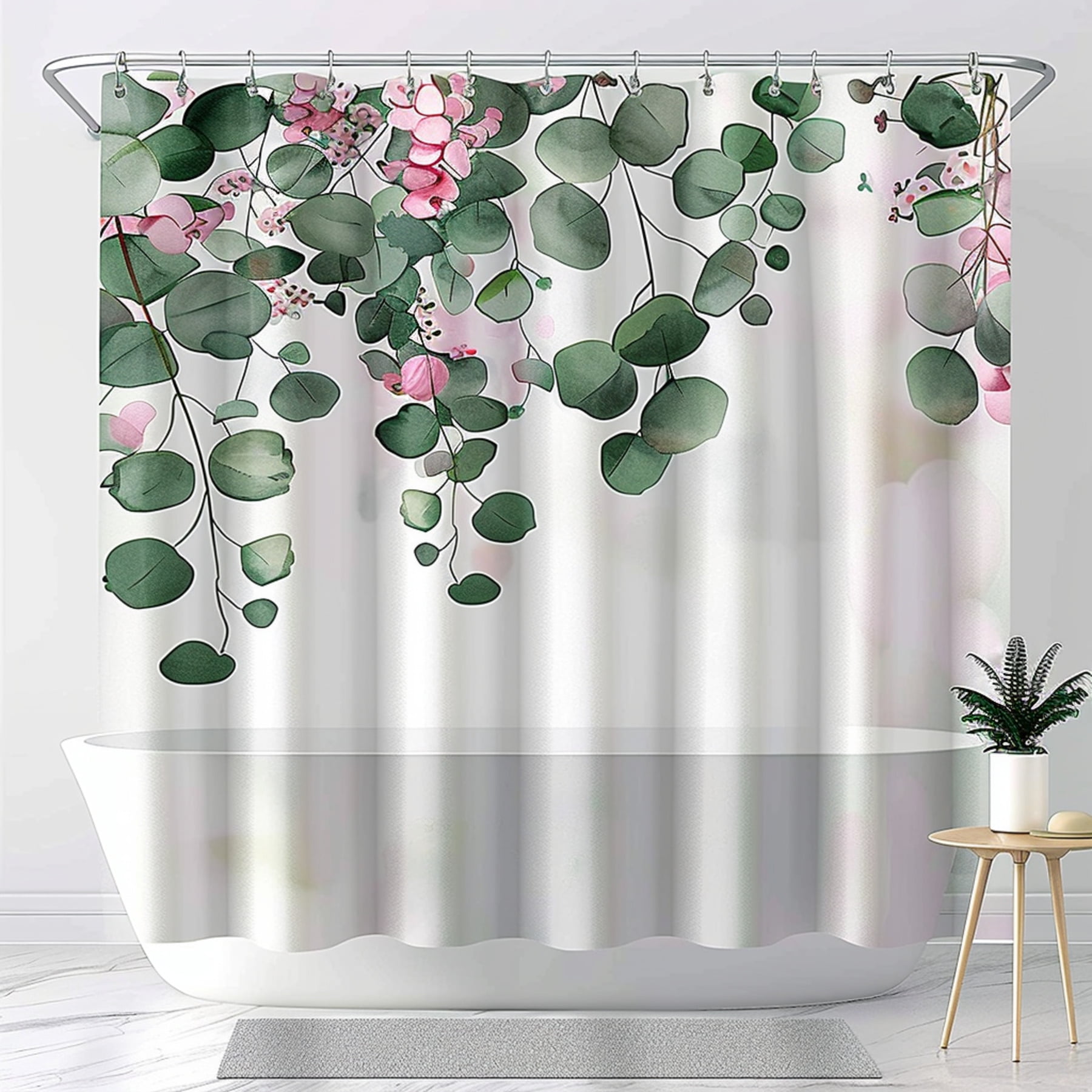 Bohemian Eucalyptus And Pink Flower Shower Curtain With Silver Grommets