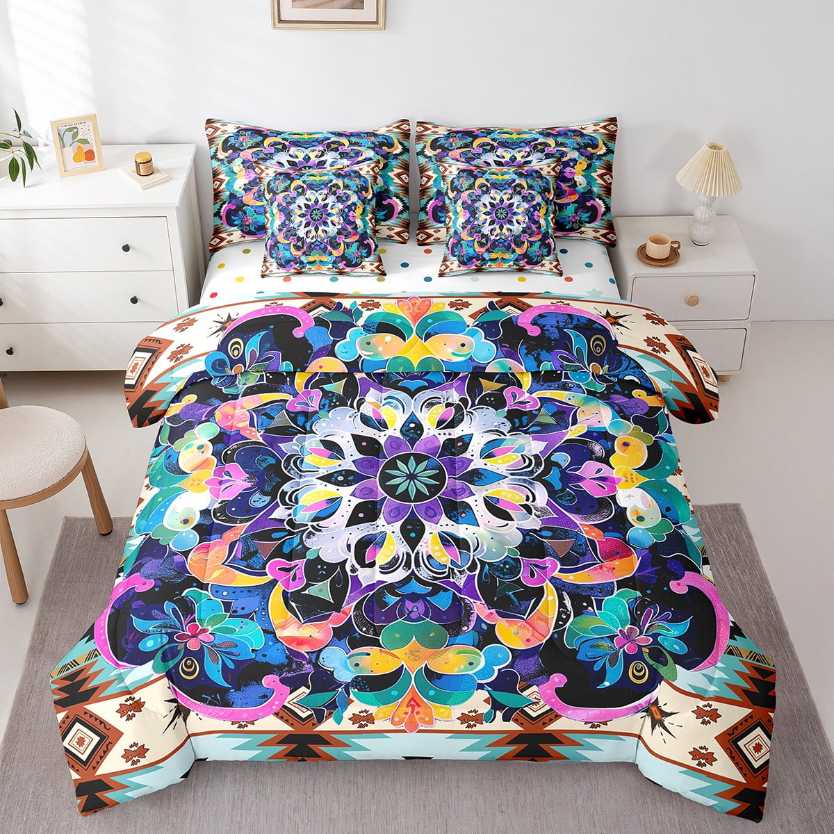 Bohemian Exotic Bed in a Bag Queen Comforter Set 7 Piece,Tribe Geometry ...
